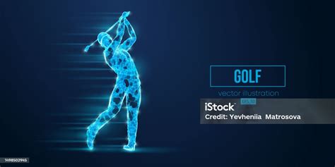 파란색 배경에 삼각형과 입자로 만든 골프 선수의 추상적인 와이어프레임 실루엣 골퍼가 공을 친다 벡터 그림 경쟁에 대한 스톡 벡터