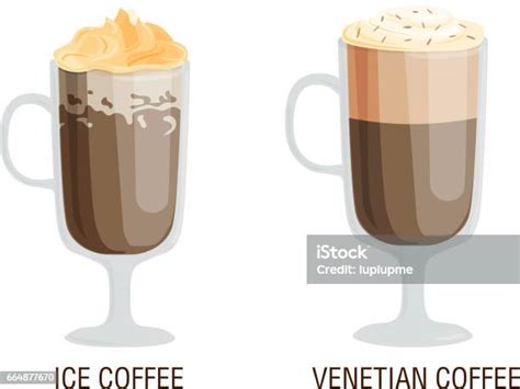 거품 음료 및 조식 아침 기호 맛 있는 향기로운 유리 구색 벡터 일러스트 커피잔 종류의 서로 다른 투명 컵 세트 갈색에 대한 스톡 벡터 아트 및 기타 이미지 Istock