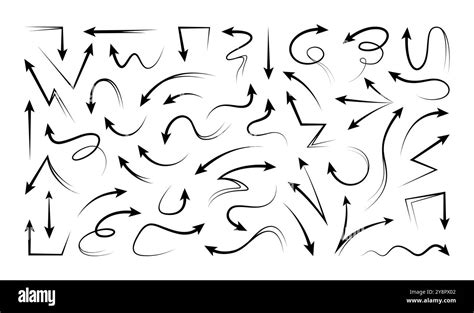 Hand Drawn Arrows Curve Doodle Set Of Pencil Outline Icon Black Ink Elements Up Down