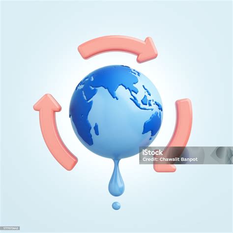 파란색 지구본과 물방울의 상징 물체가 녹고 있으며 개념의 화살표는 하늘색 배경에 생태계 수력 및 폐수 처리입니다 개체 클리핑 경로입니다 3d 일러스트레이션입니다 3차원