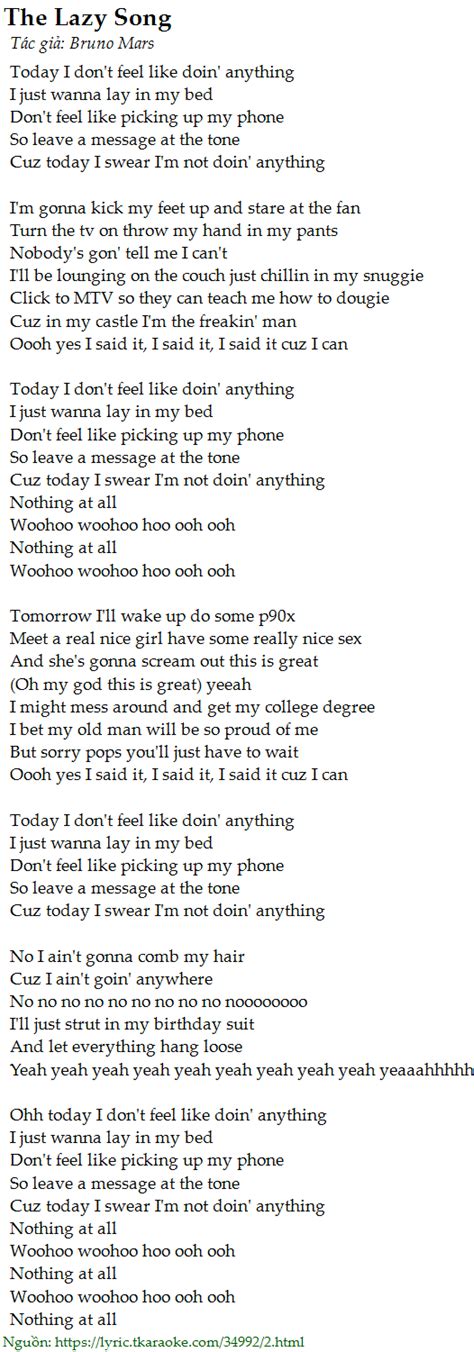 Lời bài hát The Lazy Song Bruno Mars có nhạc nghe
