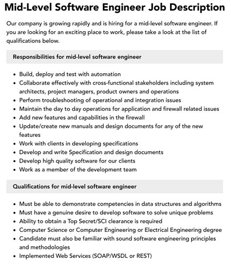Mid Level Software Engineer Job Description Velvet Jobs
