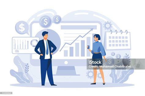 수요 분석가들은 노트북 화면에서 악수를 하고 미래의 수요를 계획합니다 수요 계획 수요 분석 디지털 판매 예측 플랫 벡터 현대 일러스트 레이 션 계획에 대한 스톡 벡터 아트