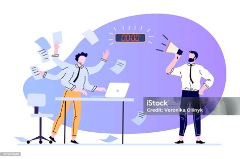 시간 관리 개념입니다 남성 직원을 위해 확성기에서 소리를 지르는 관리자 마감 시간을 맞추기 위해 서두르는 불안한 남자 겁먹은에 대한 스톡 벡터 아트 및 기타 이미지 Istock