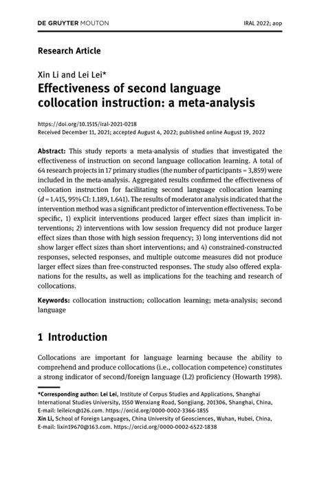 Pdf Effectiveness Of Second Language Collocation Instruction A Meta Analysis