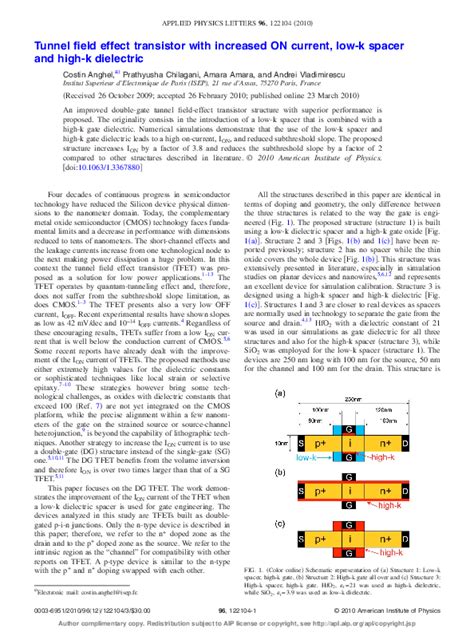 Pdf Tunnel Field Effect Transistor With Increased On Current Low K Spacer And High K Dielectric