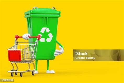 쇼핑 카트 트롤리와 재활용 기호 녹색 쓰레기 쓰레기 쓰레기통 캐릭터 마스코트 3d 렌더링 개념에 대한 스톡 사진 및 기타 이미지 개념 고객 구매 Istock