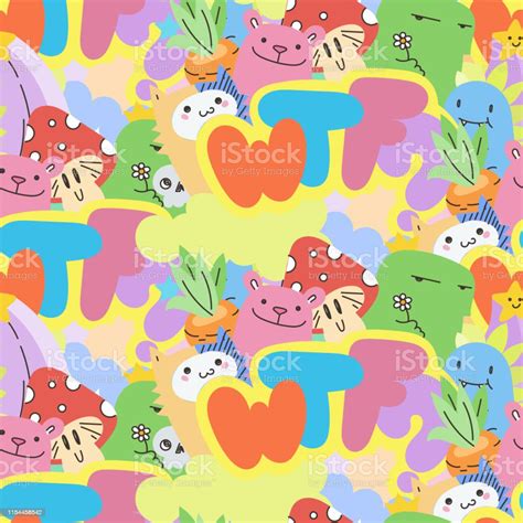 귀여운 만화 괴물과 짐승과 원활한 벡터 패턴입니다 포장에 대 한 좋은 포장지 색칠 페이지 벽지 직물 패션 홈 장식 인쇄 등 낙서 드로잉에 대한 스톡 벡터 아트 및 기타