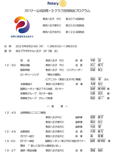 第3074回例会プログラム 2023年8月24日 木 東京八王子ロータリークラブ