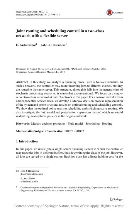 Joint Routing And Scheduling Control In A Two Class Network With A