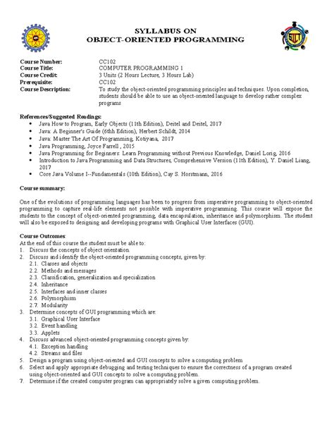 Cc102 Syllabus For Object Oriented Programming Course Overview Studocu