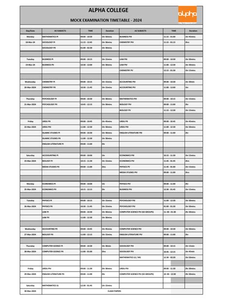 Final Mock Timetable 2024 Pdf Science