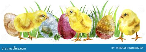 Watercolor Easter Colored Eggs And Chickens Stock Illustration
