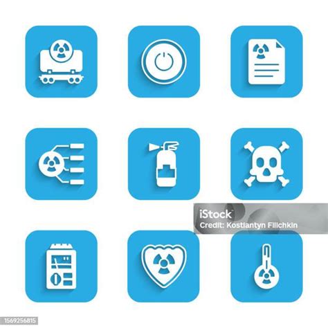 소화기 방사능 방패 기상 온도계 뼈 및 두개골 경고 선량계 방사선 문서 및화물 열차 아이콘을 설정하십시오 벡터 가이거 계수관에