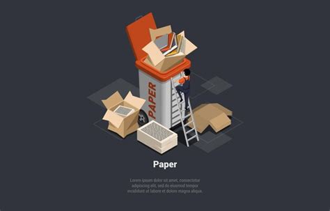 제로 폐기물 재사용 친환경 분리 및 재활용 쓰레기 프로세스 캐릭터 수집 및 컨테이너 골판지 쓰레기 재활용 아이소메트릭 3d 벡터 그림에 종이 폐기물을 던지기 프리미엄 벡터