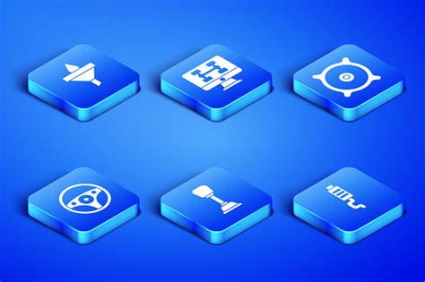 자동차 머플러 깔때기 및 오일 드롭 기어 시프터 스티어링 휠 자동차 및 오디오 스피커 아이콘의 진단 조건을 설정합니다 벡터 3차원 형태에 대한 스톡 벡터 아트 및 기타