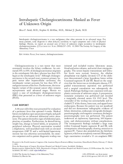 Pdf Intrahepatic Cholangiocarcinoma Masked As Fever Of Unknown Origin Reza Saidi
