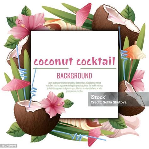 코코넛 칵테일 우산 히비스커스 꽃 조개껍데기가 있는 배경 파티 휴일 광고를위한 해변 음료가 담긴 엽서 코코넛 열대 과일과 여름 배너 0명에 대한 스톡 벡터 아트 및 기타