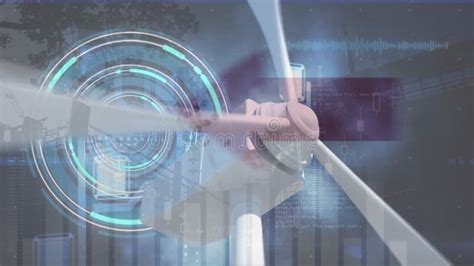 Animation Of Scope Scanning With Data Processing And Wind Turbine Over Cityscape Stock Video