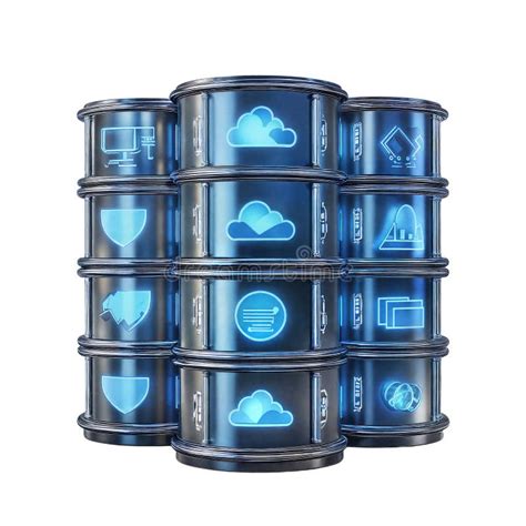 Digital Data Storage System Represented By Stacked Containers With Glowing Icons Illustrating