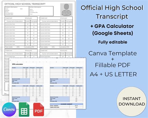 High Babe Transcript With A GPA Calculator GPA Calculator And A Transcript Template Editable