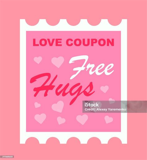 사랑 쿠폰 개념입니다 무료 포옹 비문 로맨틱한 선물 및 선물 발렌타인 데이 또는 기념일 남자 친구 또는 여자 친구를위한 놀라움 평면 벡터 일러스트 레이 션 0명에 대한 스톡