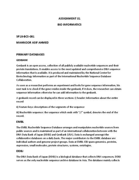 Intro To Bioinformatics Assignment Assignment 01 Bio Informatics Sp18 Bcs Mahnoor Asif Ahmed