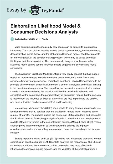 elaboration likelihood model and consumer decisions 678 words essay