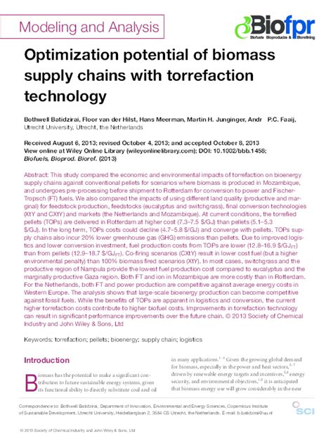 Pdf Optimization Potential Of Biomass Supply Chains With Torrefaction Technology