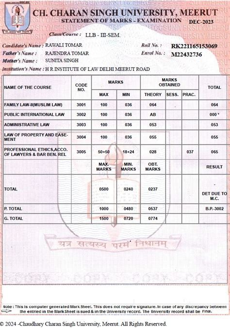Chaudhary Charan Singh University [ccsu] — Correction Of Result Third Semester Llb Declared By