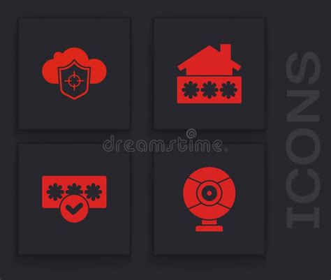 Set Security Camera Cloud And Shield House With Password And Password Protection Icon Vector