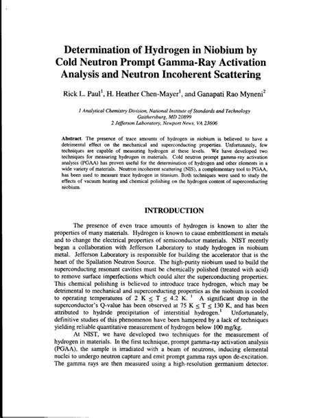 Pdf Determination Of Hydrogen In Niobium By Cold Neutron Prompt Gamma Ray Activation Analysis