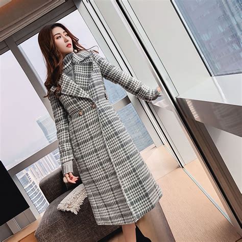 겨울 2020 새로운 Houndstooth 모직 코트 길고 느슨한 긴 두꺼운 모직 코트 세련되고 캐주얼 옷깃 분위기 우아한울