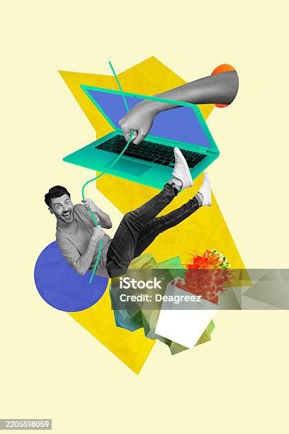 트렌드 삽화 주형 디자인 콜라주 젊은이의 스케치 교수형 손 보류 로프 디스플레이 노트북 식물 일 기업가 직업 고용 35 39세에 대한 스톡 사진 및 기타 이미지 Istock