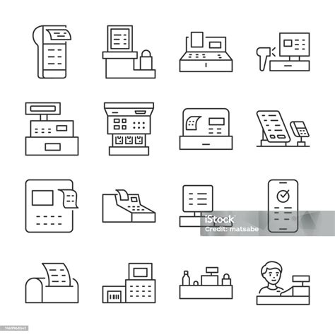 금전 등록기 아이콘을 설정합니다 자동화된 돈 취급 시스템 선형 아이콘 수집 판매 시점에서 거래를 등록하고 계산하기위한 장치