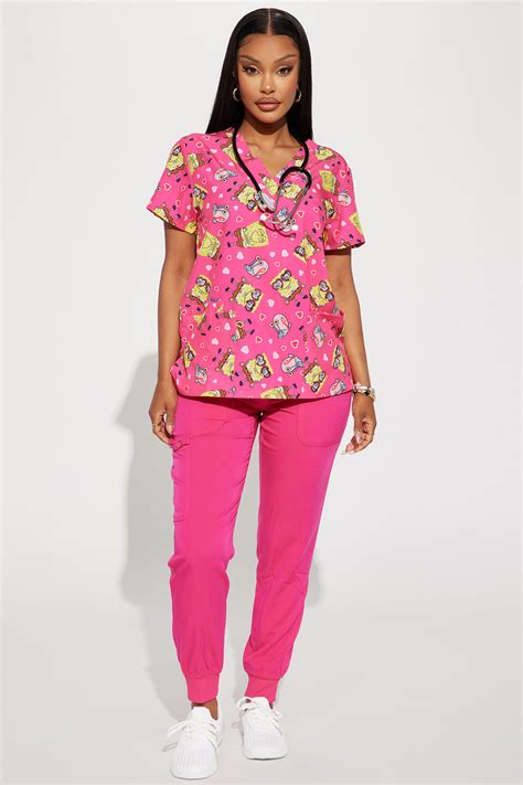 Love Glasses Spongebob Uniform Scrub Top Pink Combo Fashion Nova