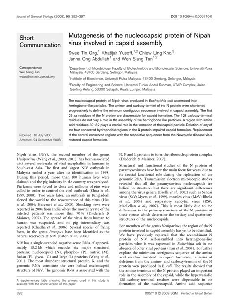Pdf Mutagenesis Of The Nucleocapsid Protein Of Nipah Virus Involved
