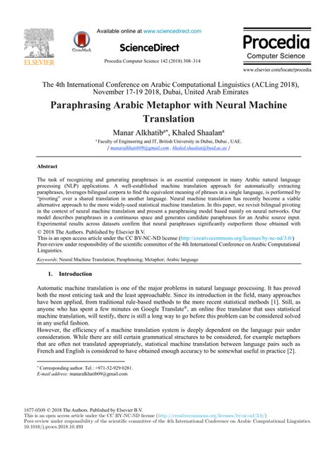 Pdf Paraphrasing Arabic Metaphor With Neural Machine Translation
