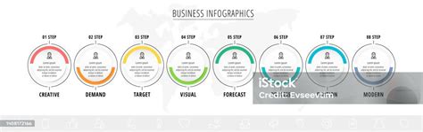 8 라인 원이있는 비즈니스 벡터 인포 그래픽 다이어그램 순서도 배너 프레젠테이션 웹을 위한 여덟 단계를 포함하는 타임라인 시각화 0명에 대한 스톡 벡터 아트 및 기타 이미지