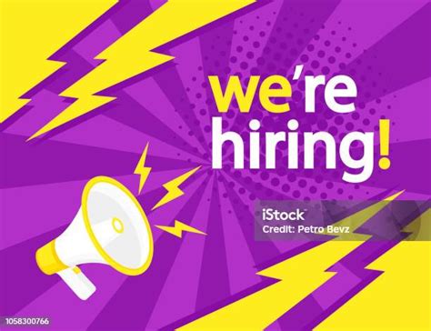 우리는 고용 확성기 만화 스타일 벡터 일러스트 레이 션과 배너 레이아웃 디자인 과시함에 대한 스톡 벡터 아트 및 기타 이미지 과시함 광고 구인 중 Istock