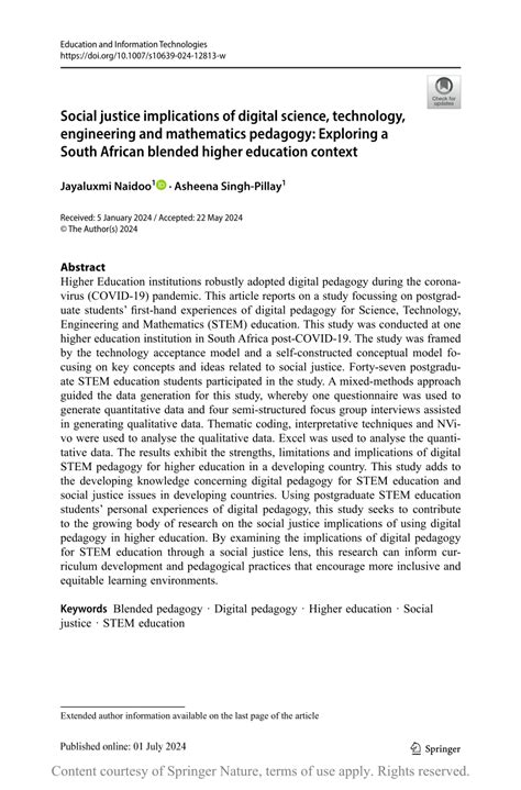 Pdf Social Justice Implications Of Digital Science Technology Engineering And Mathematics