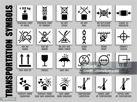 포장은 무거운화물 운송에 대한 경고주의와 관리 처리의 수집을 상징한다 이동 롤 스택 클램프 트럭 제한 보호 압력 건조하고 깨지기 쉬운 유지 떨어짐에 대한 스톡 벡터 아트 및