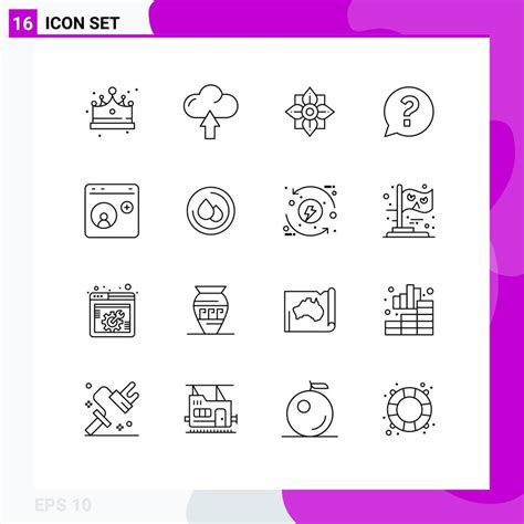 Group Of 16 Outlines Signs And Symbols For Contact Social Flower Question Chat Editable Vector