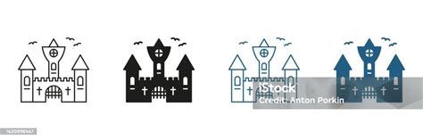 고딕 으스스한 성 픽토그램 블랙과 컬러 세트 뱀파이어 드라큘라 무서운 캐슬 라인과 실루엣 아이콘 할로윈 축하 상징을 위한 어두운 옛 성 격리된 벡터 그림 건물 외관에 대한