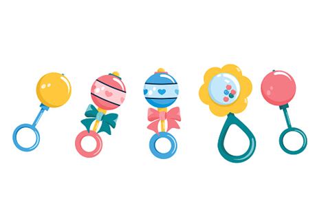 신생아를위한 다른 딸랑이의 컬렉션 빈백 세트 활과 하트가있는 장난감 유아 케어 제품 항목 출산 및 어린 시절 액세서리 딸랑이에 대한 스톡 벡터 아트 및 기타 이미지 Istock