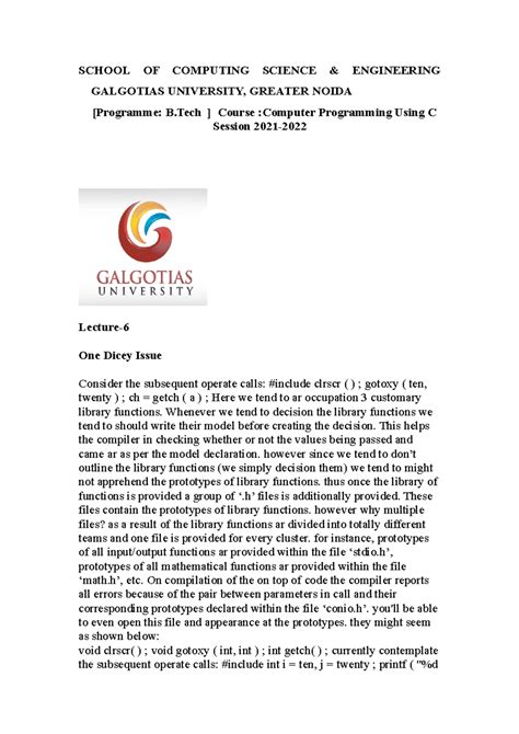 Computer Programming Using C Lecture 6 Galgotias University School