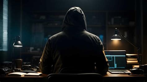 Premium Ai Image Hacker Using Laptop In Dark Office At Night Man In