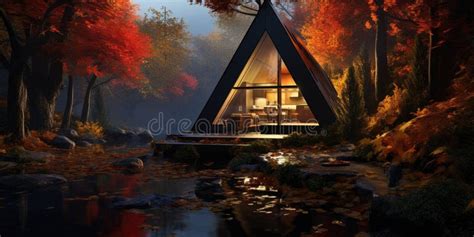 Triangular Frame House In The Autumn Forest Prefabricated Structures Stone Generative Ai Stock