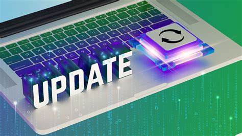 노트북 키보드 업데이트 텍스트 미래 지향적인 디자인 빛나는 네온 불빛 녹색 및 보라색 색 구성표 새로 고침 아이콘 바이너리 코드 홀로그램 효과 3d 렌더링 0명에 대한 스톡