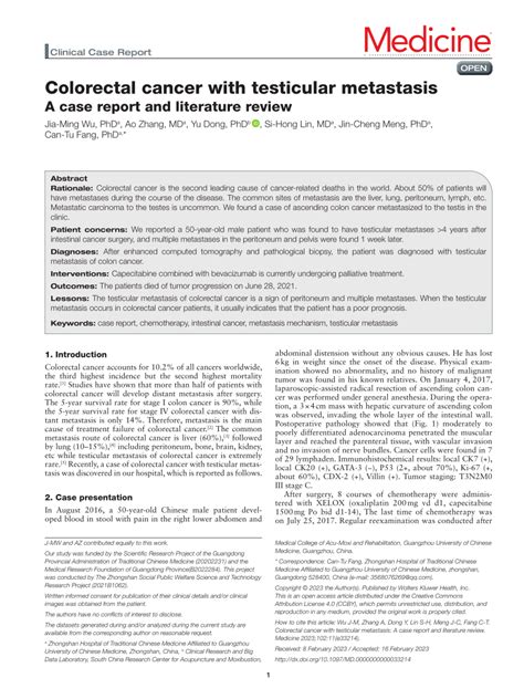 Pdf Colorectal Cancer With Testicular Metastasis A Case Report And Literature Review